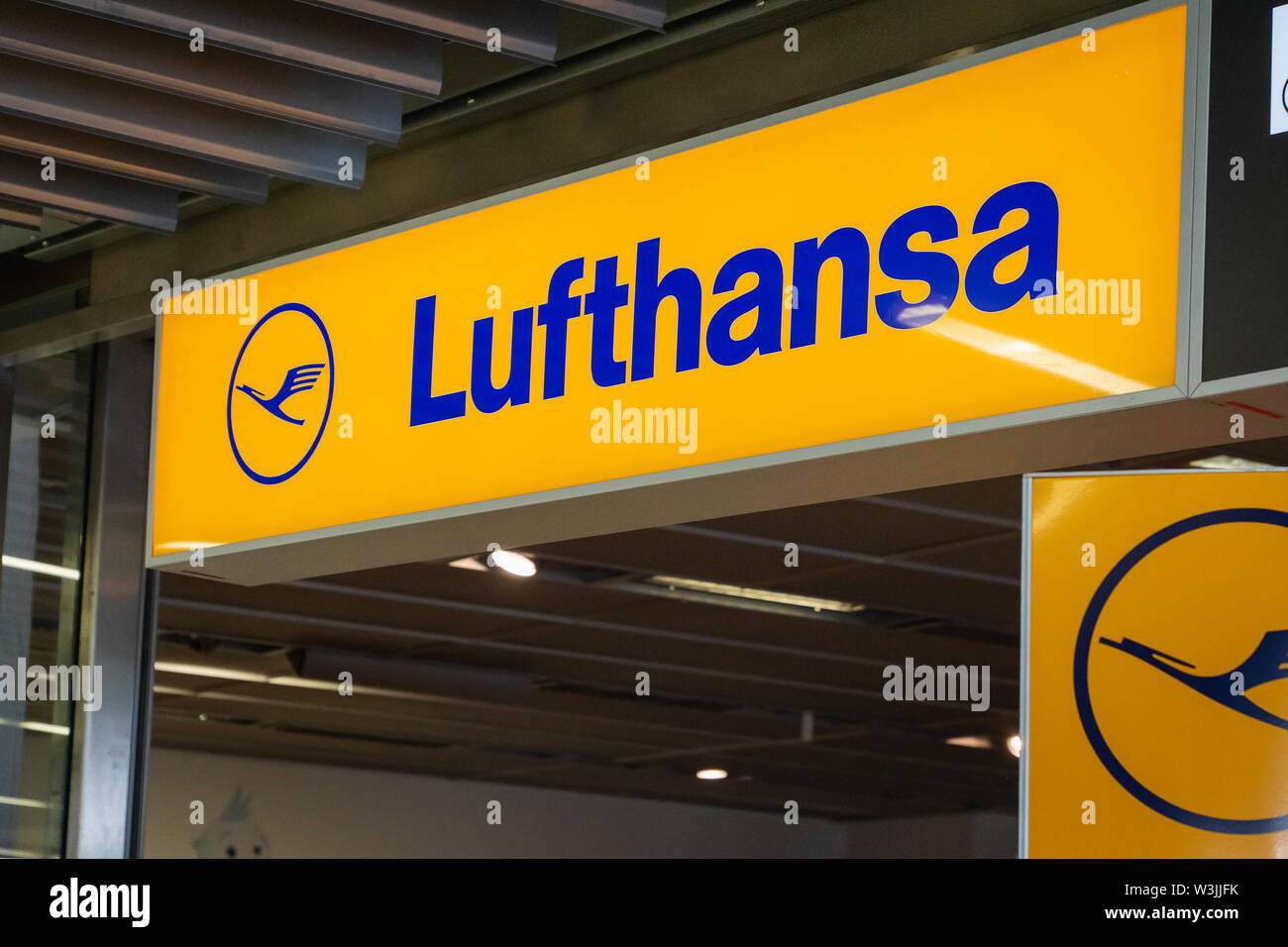 Frankfurt, Germany - July 2019: Lufthansa airline check-in counter in ...