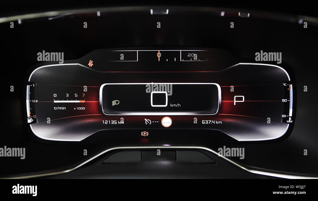 Car dashboard panel with speedometer, tachometer, odometer, fuel gauge ...