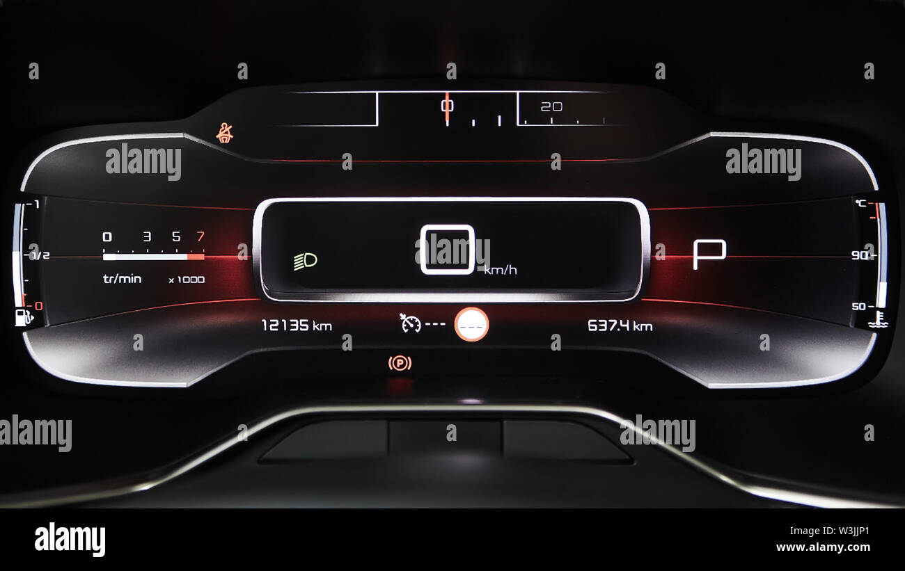 Car dashboard panel with speedometer, tachometer, odometer, fuel gauge ...