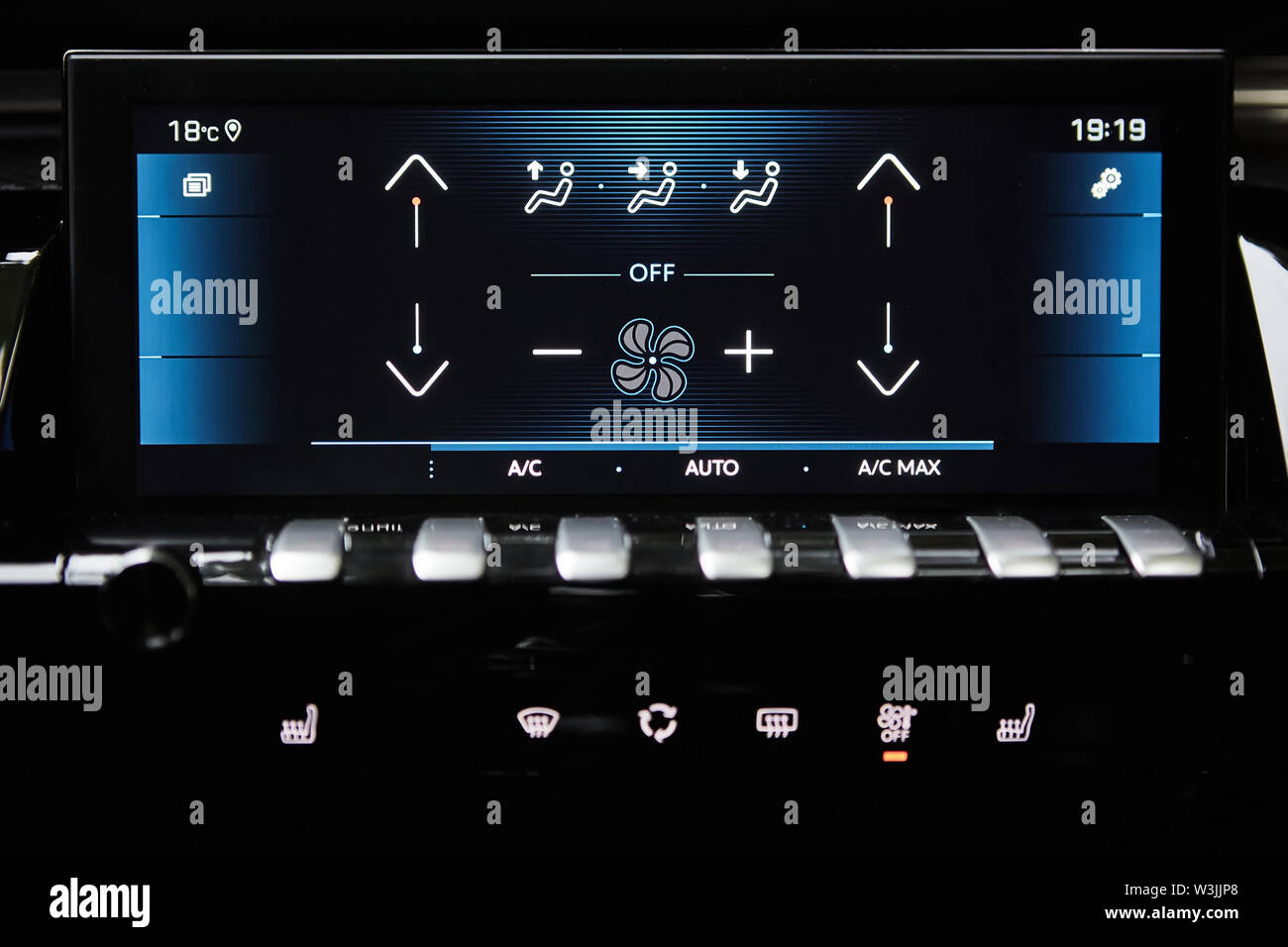 Closeup photo of working car climate control system. air auto ...