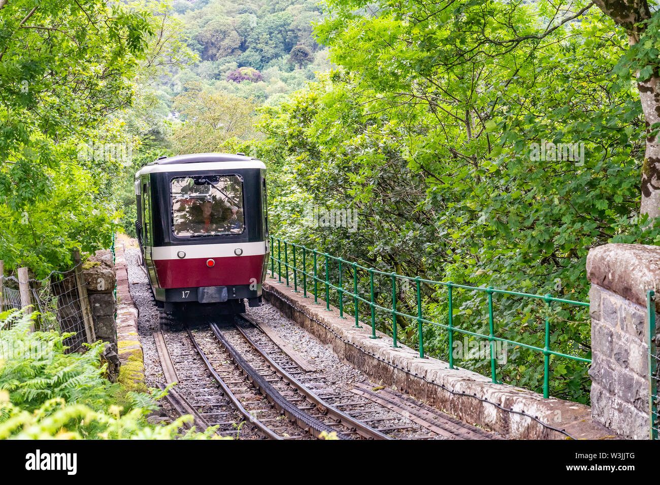 Mount Snowdon Railway, Llanberis, North Wales. A diesel train carrying ...