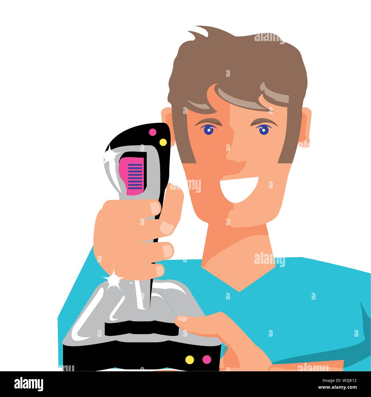young boy using video game joystick control vector illustration design ...