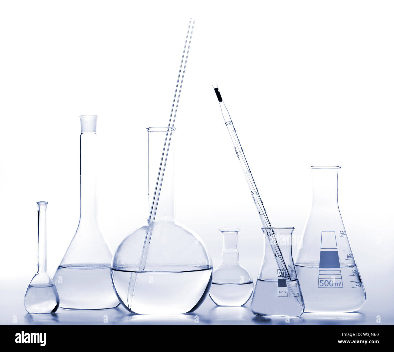 Test-tubes with reflections on a white and blue background. Laboratory ...