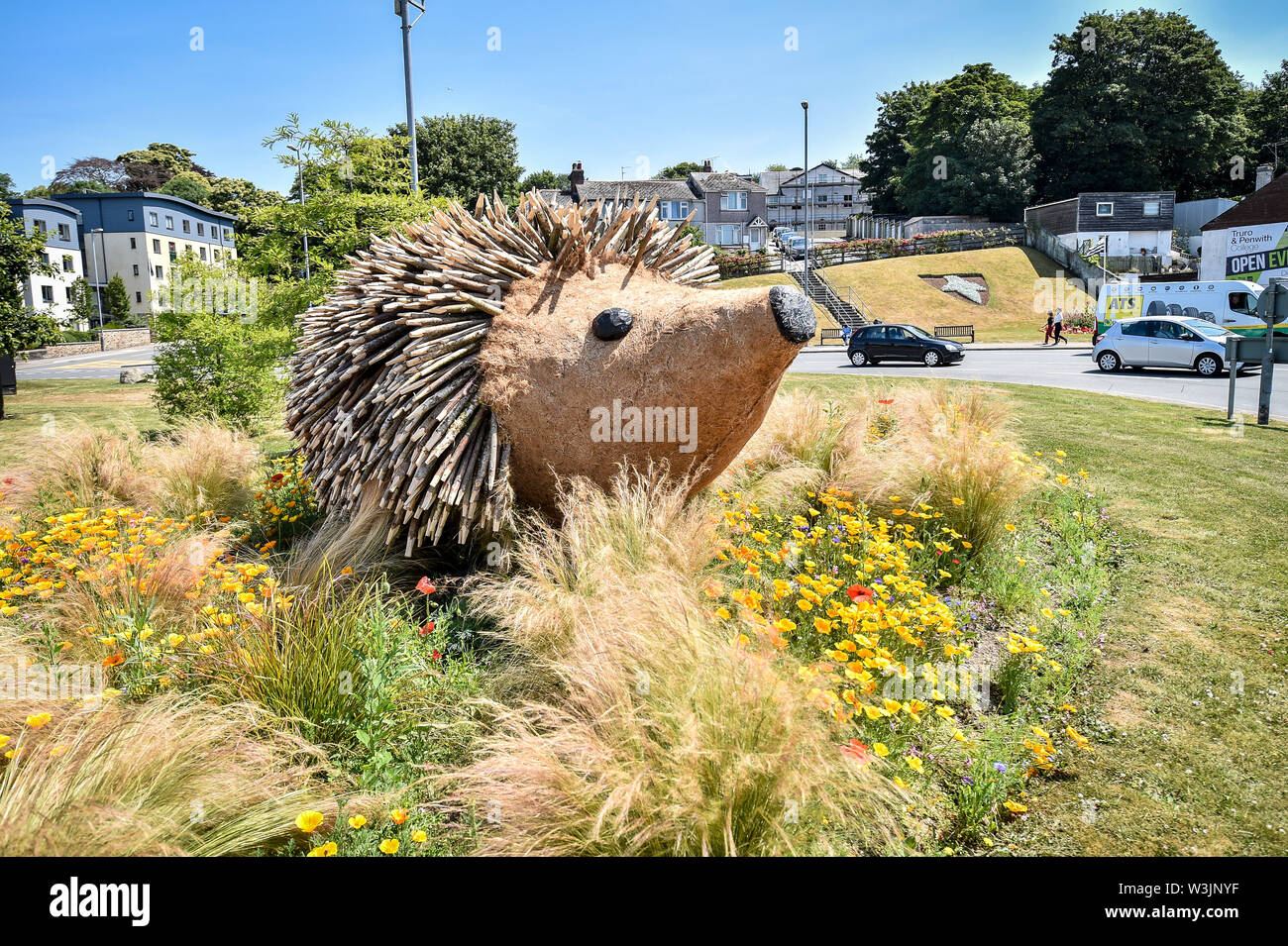 A giant hedgehog on Trafalgar roundabout in Truro, Cornwall, where the ...