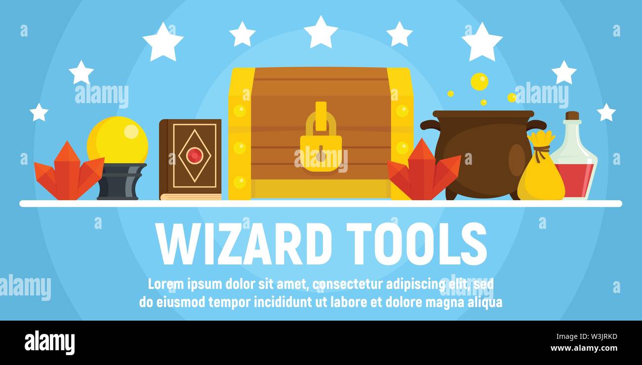 Magic wizard tools concept banner. Flat illustration of magic wizard ...