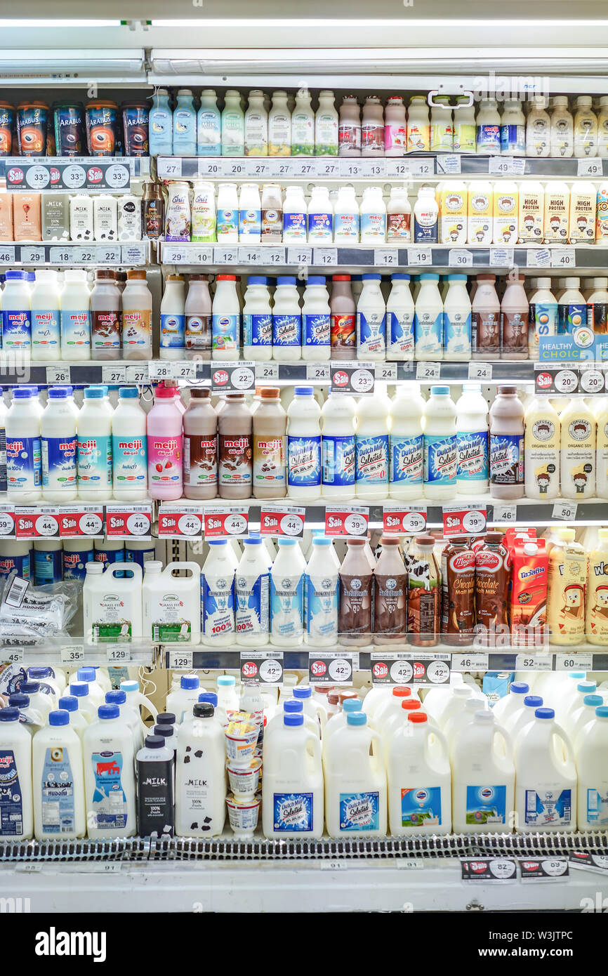 Bangkok, THAILAND - 3 Mar, 2019: Thailand milk brand are arranged on ...
