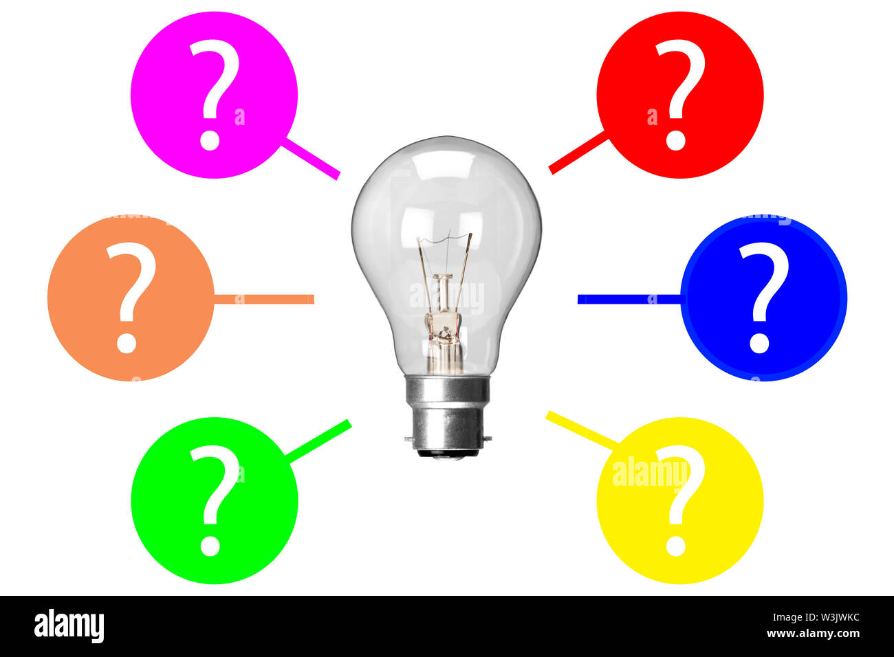 Ideas and Questions Concept. Lightbulb surrounded by colorful question ...