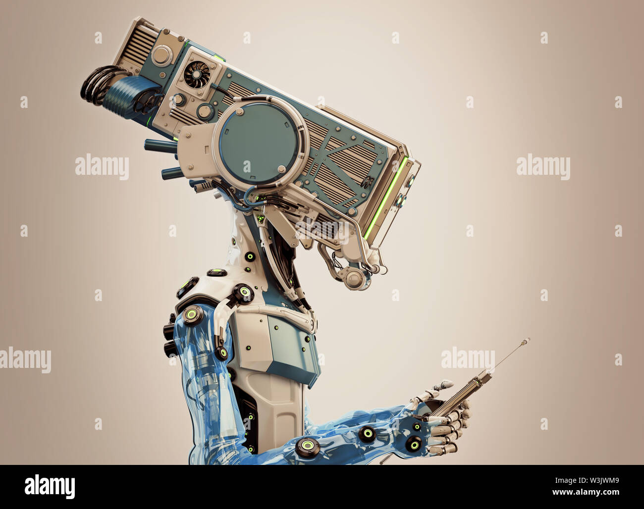 Cyborg working with digital tablet, 3d illustration Stock Photo - Alamy