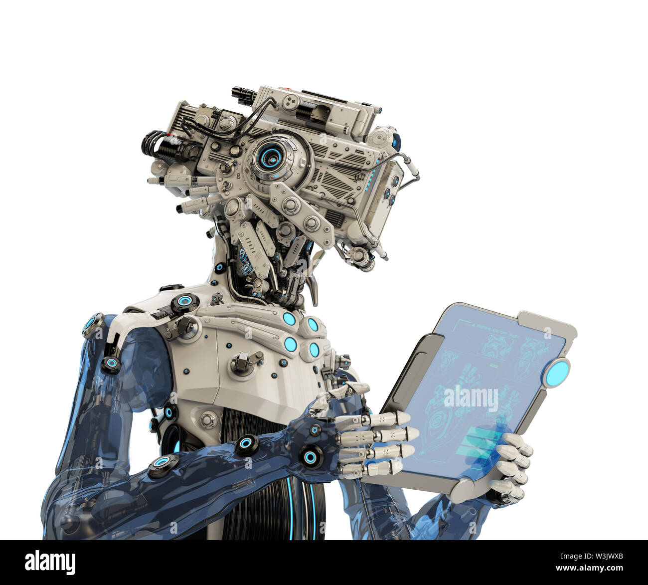 Cyborg working with digital tablet, 3d illustration Stock Photo - Alamy