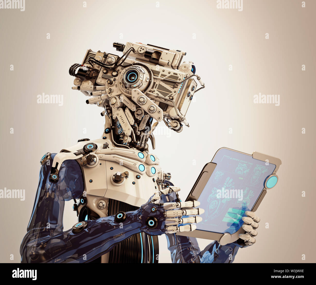 Cyborg working with digital tablet, 3d illustration Stock Photo - Alamy