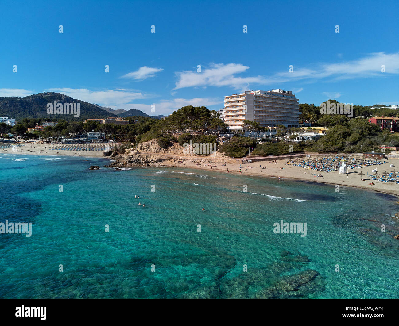 Aerial waterside view turquoise sea rocky coastline of Paguera or ...