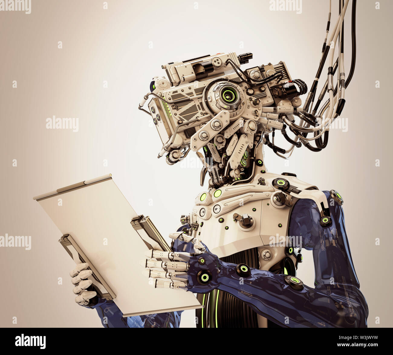 Cyborg working with digital tablet, 3d illustration Stock Photo - Alamy