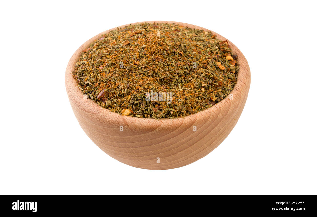 red savory mix or Chubritsa in wooden bowl isolated on white background ...
