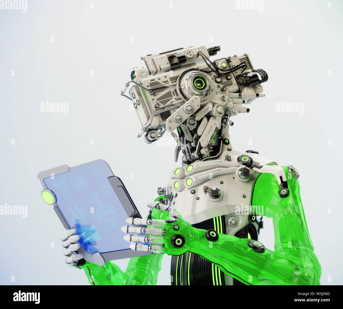 Cyborg working with digital tablet, 3d illustration Stock Photo - Alamy