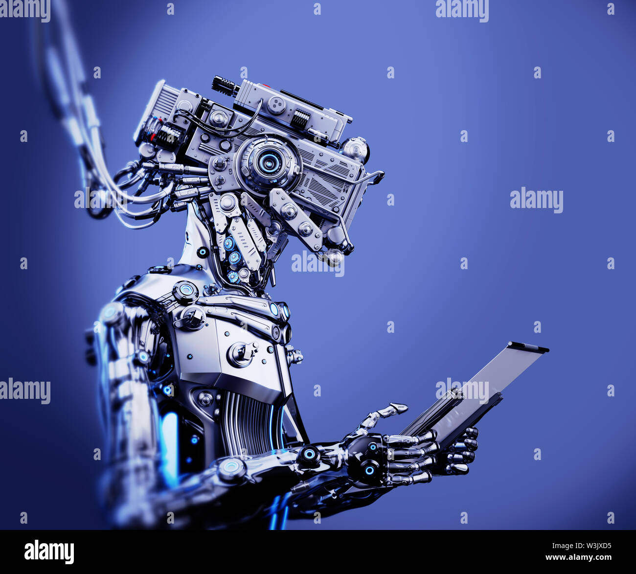 Cyborg working with digital tablet, 3d illustration Stock Photo - Alamy
