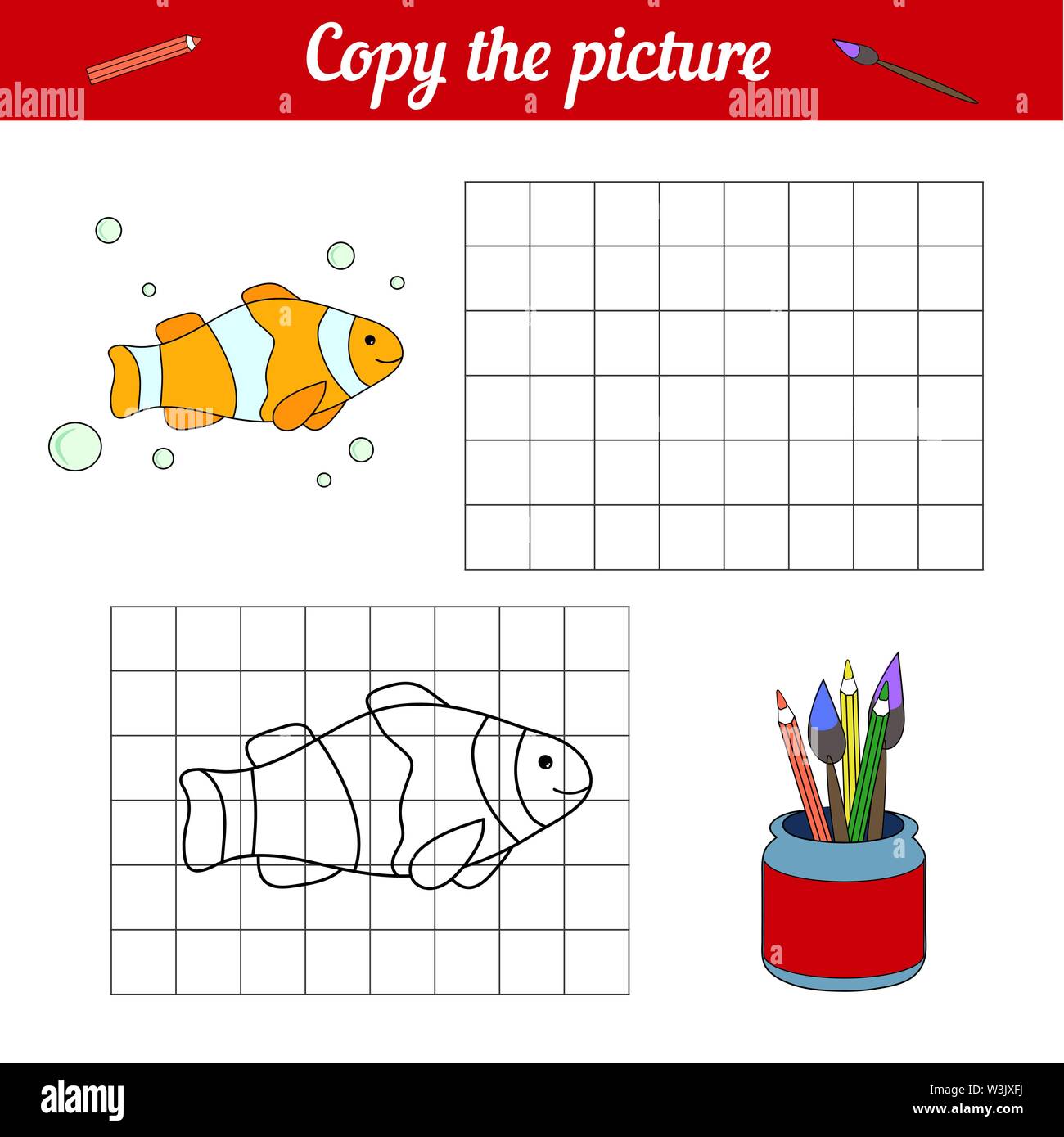 Fish coloring book Copy on the grid. With a sample of clown fish and ...