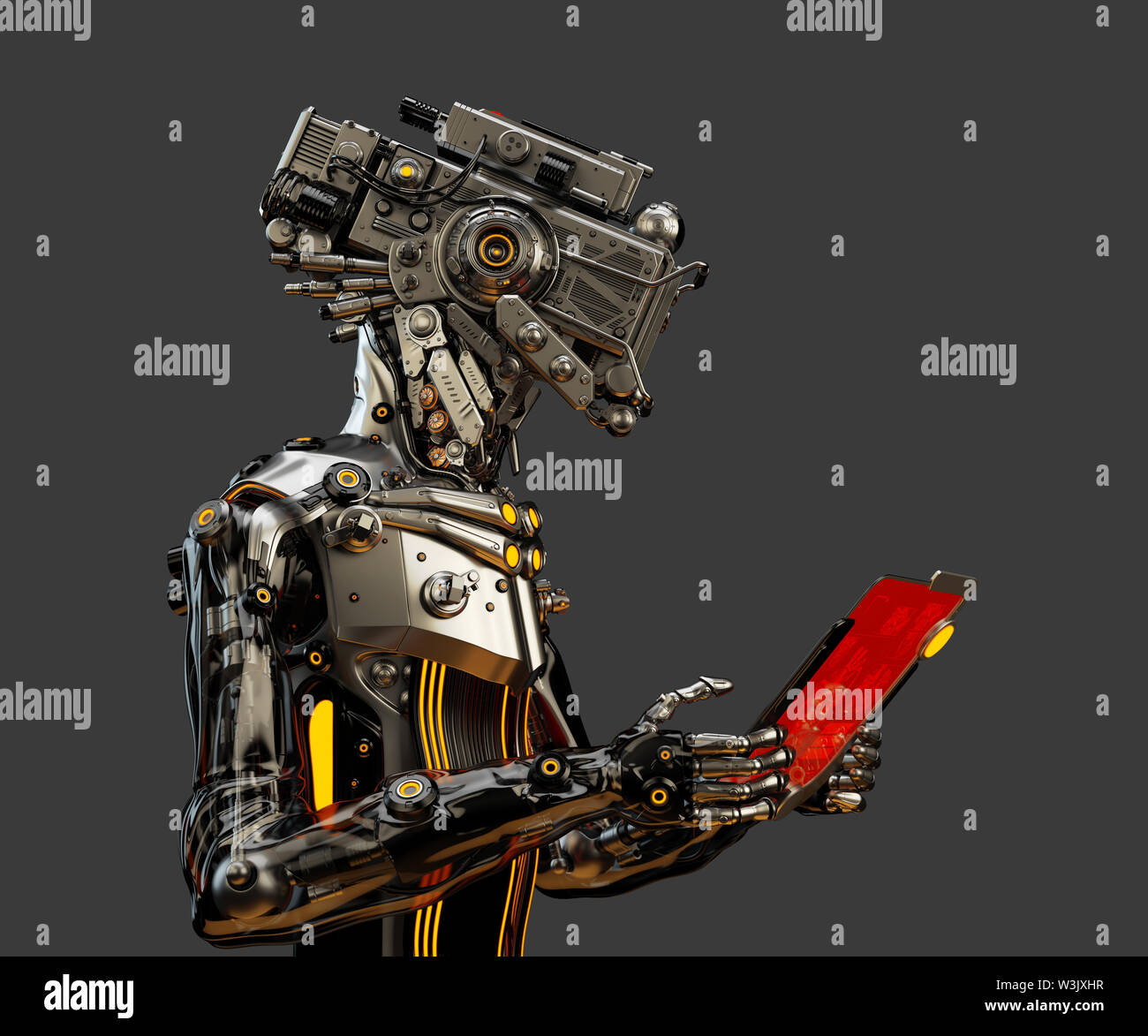 Cyborg working with digital tablet, 3d illustration Stock Photo - Alamy