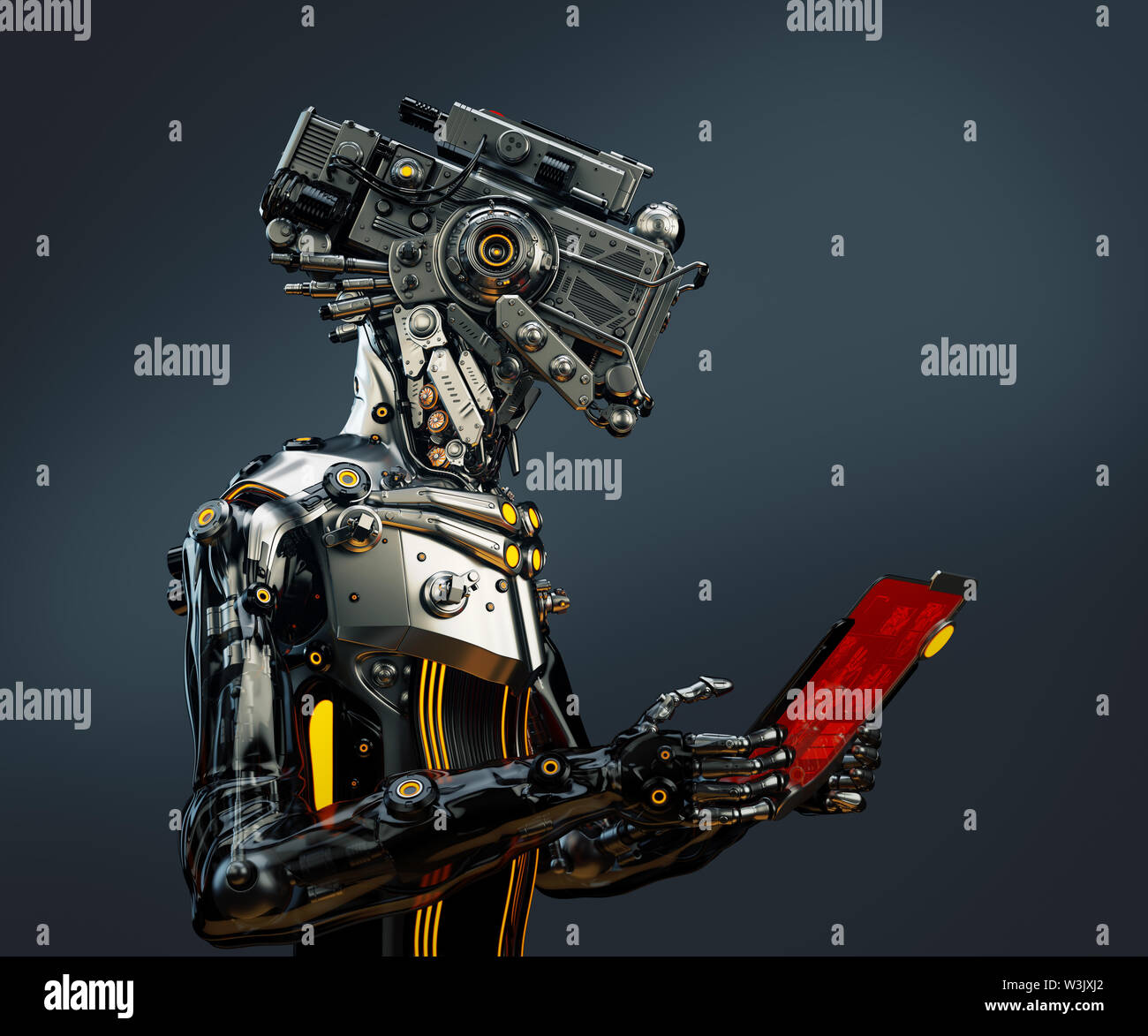 Cyborg working with digital tablet, 3d illustration Stock Photo - Alamy