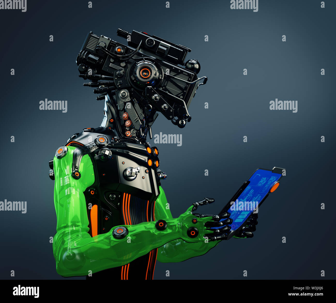 Cyborg working with digital tablet, 3d illustration Stock Photo - Alamy