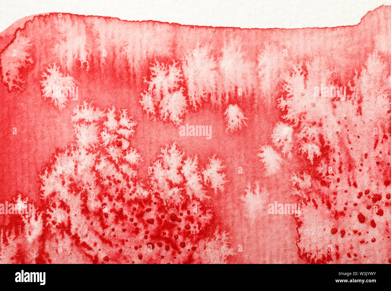close up view of red watercolor paint spill with dots on white ...