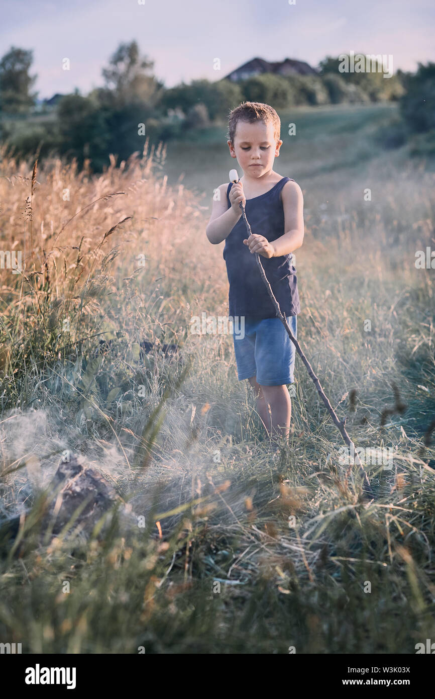 Little boy roasting marshmallow over a campfire on a meadow. Candid ...