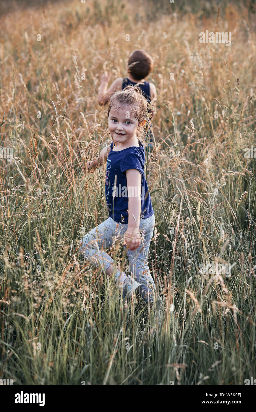 Little happy smiling kids playing in a tall grass in the countryside ...