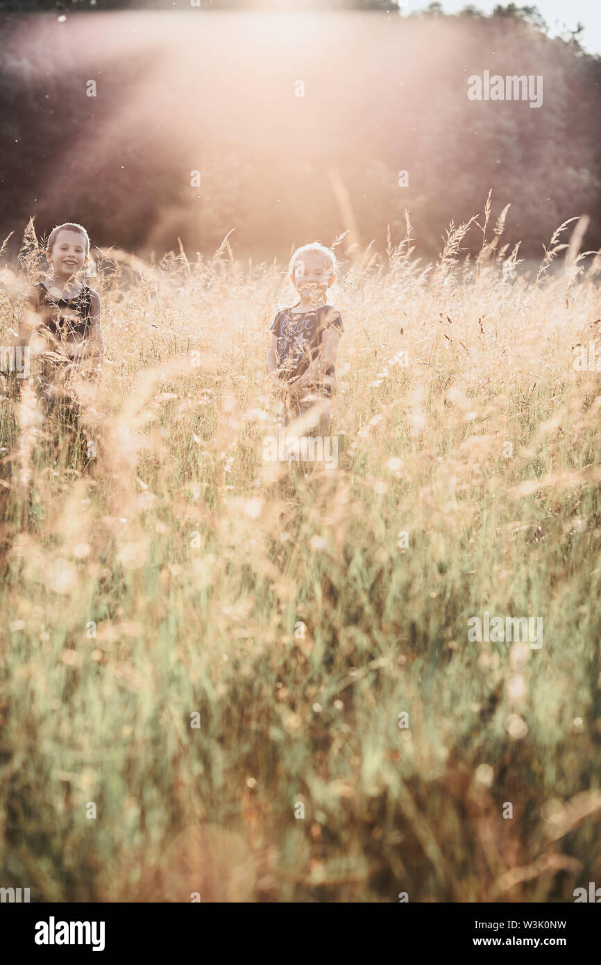 Little happy smiling kids playing in a tall grass in the countryside ...