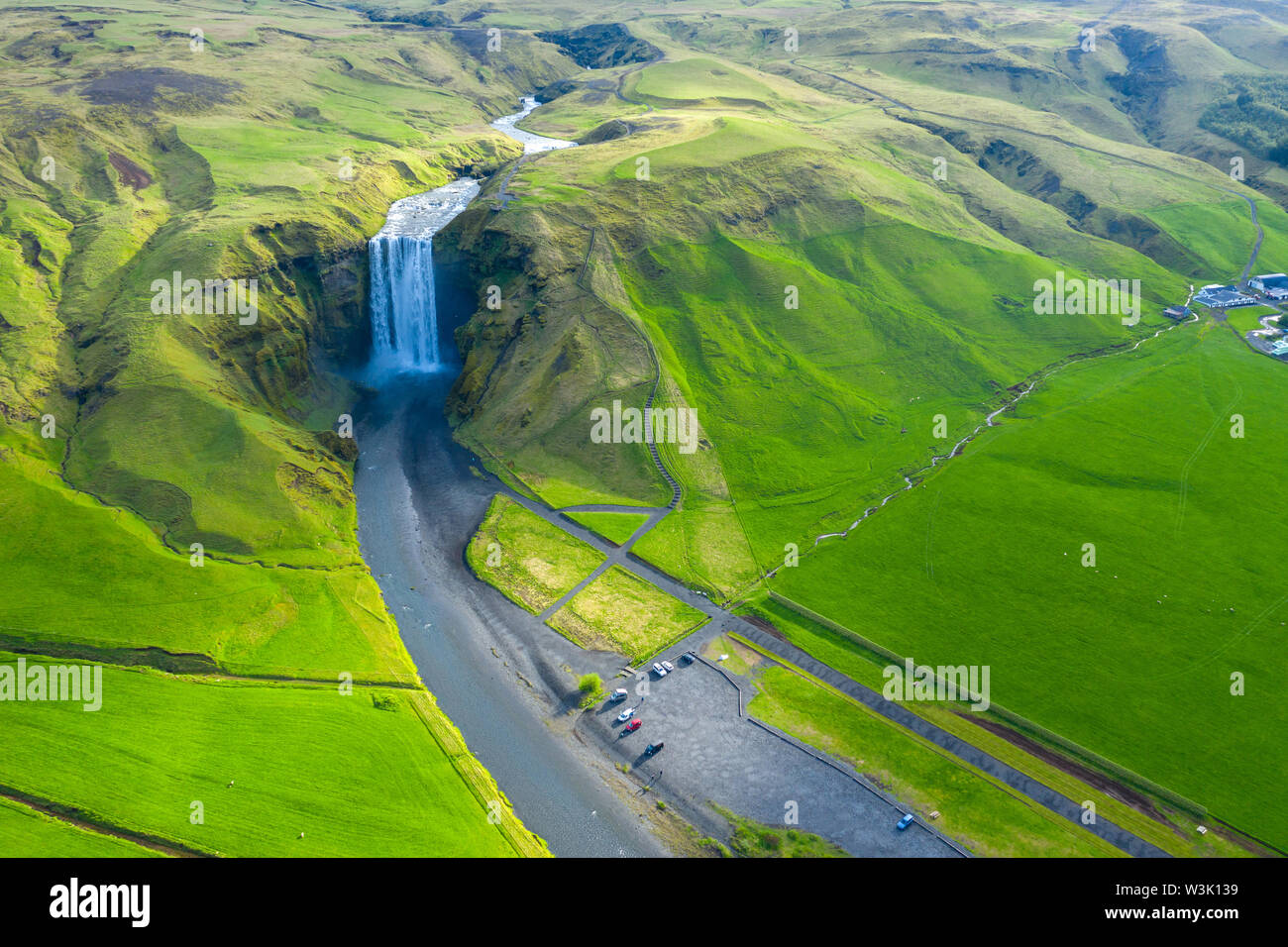 Aerial drone view of Skogafoss waterfall, Iceland Stock Photo - Alamy