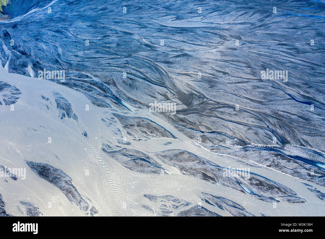 Aerial drone view of a huge riverbed, melting glacier, Iceland. Global ...