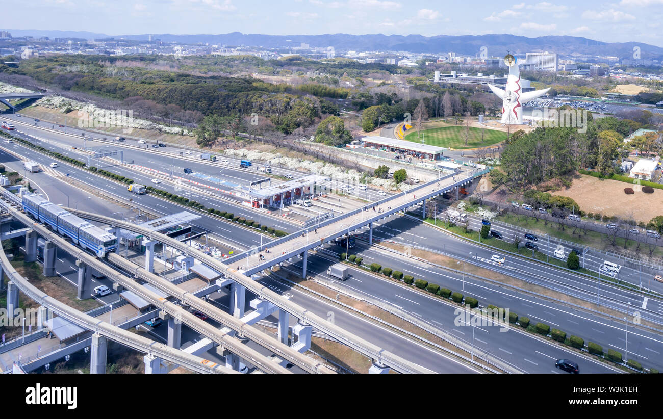Osaka, Japan - March. 26, 2019: Aerial view of Tower of the Sun, Taiyo ...