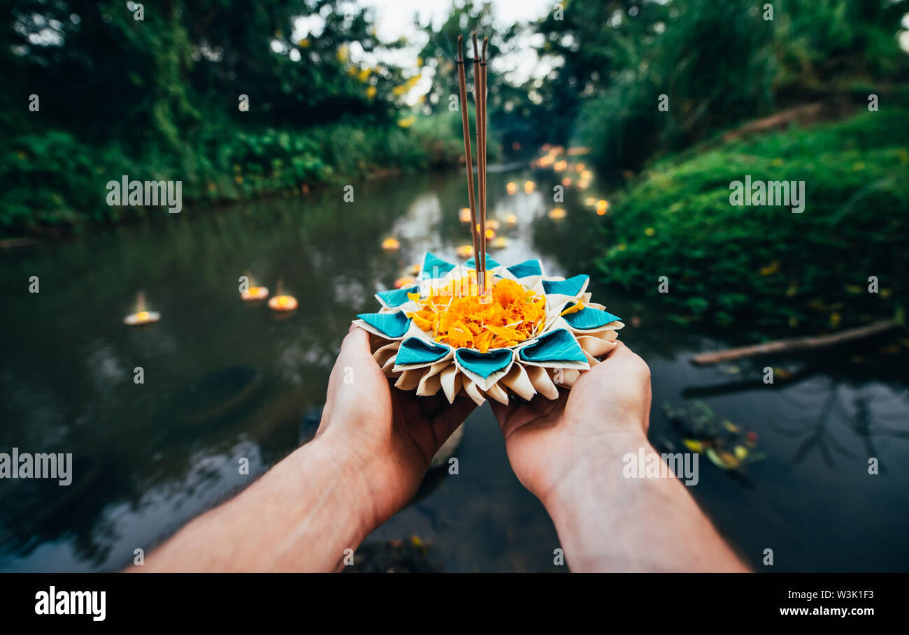 Loy krathong festival, thai new year party with floating buckets ...