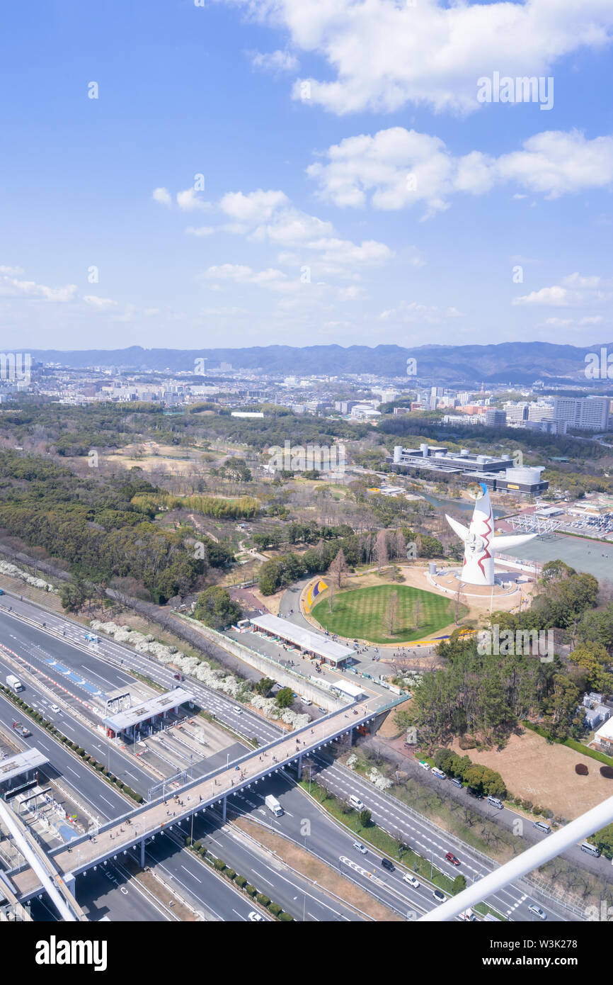 Osaka, Japan - March. 26, 2019: Aerial view of Tower of the Sun, Taiyo ...