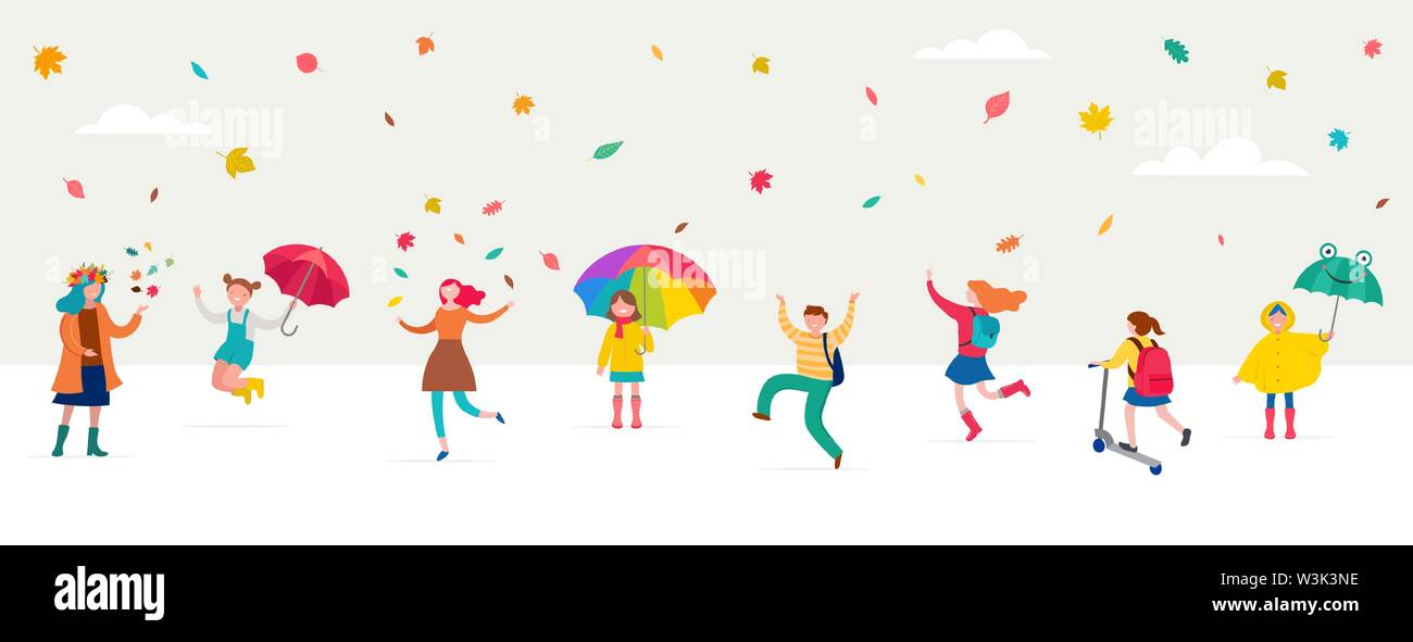 Autumn, fall scene with various cute people, families and children ...