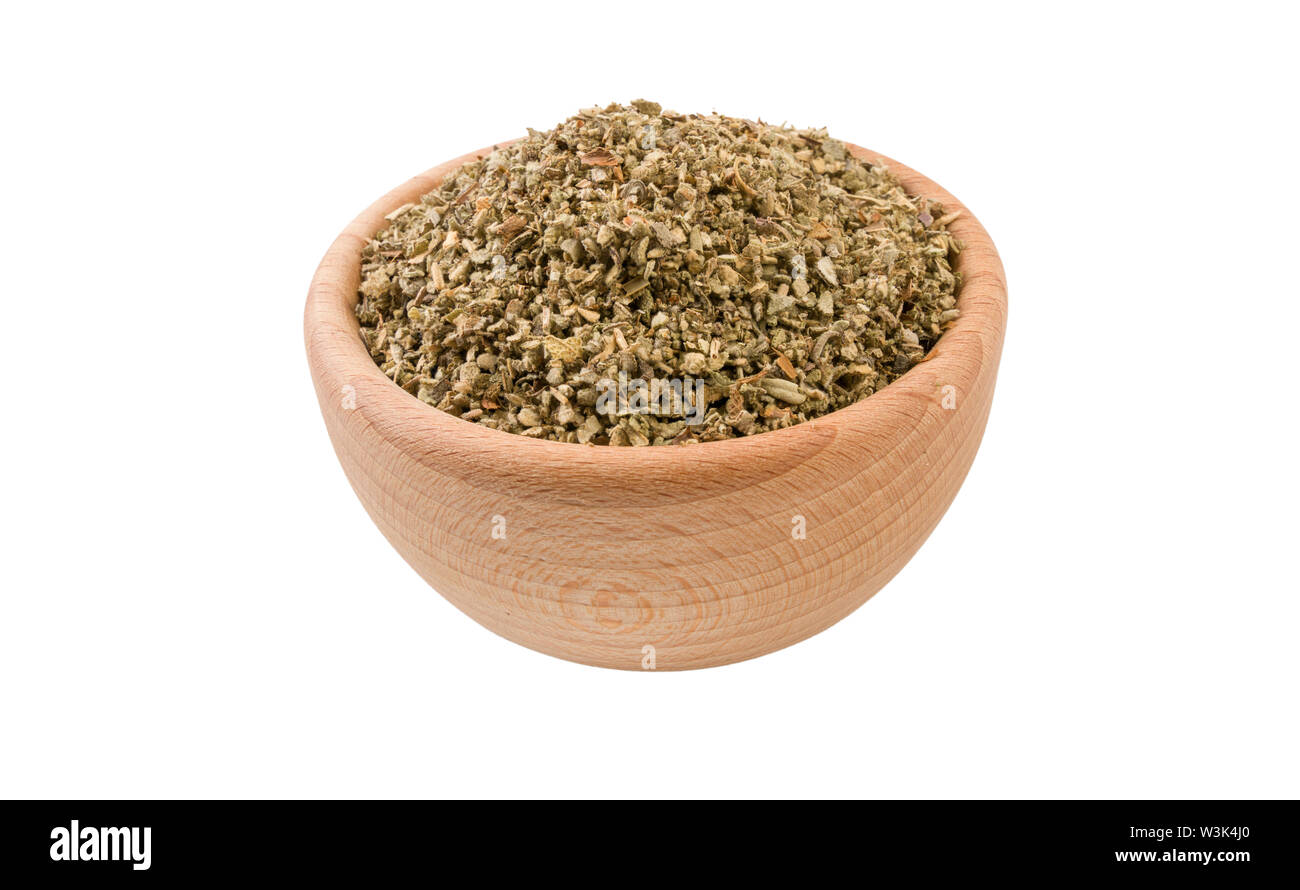 salvia or sage in wooden bowl isolated on white background. 45 degree ...