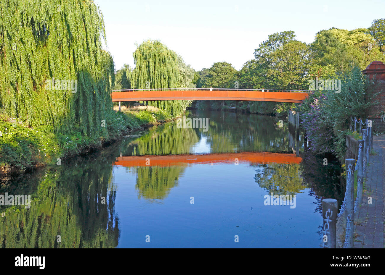 A view of the Jarrold Bridge for pedestrians over the River Wensum in ...