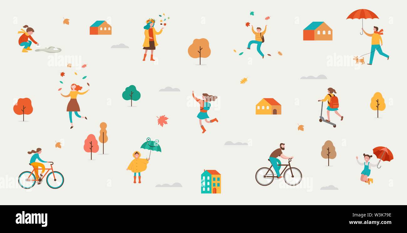 Autumn, fall scene with various cute people, families and children ...