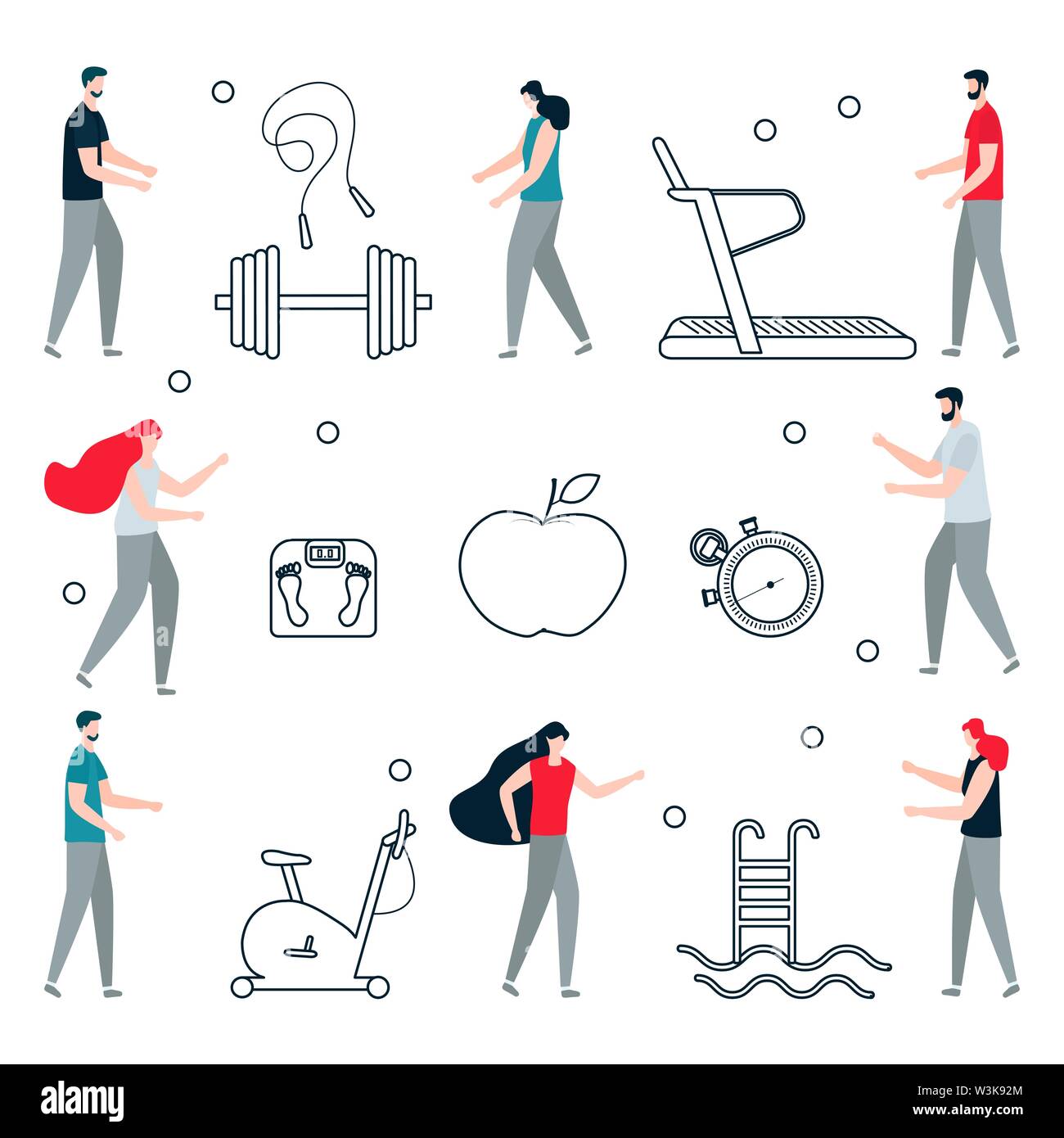 Vector illustration with people, exercise bike, dumbbell, stopwatch ...