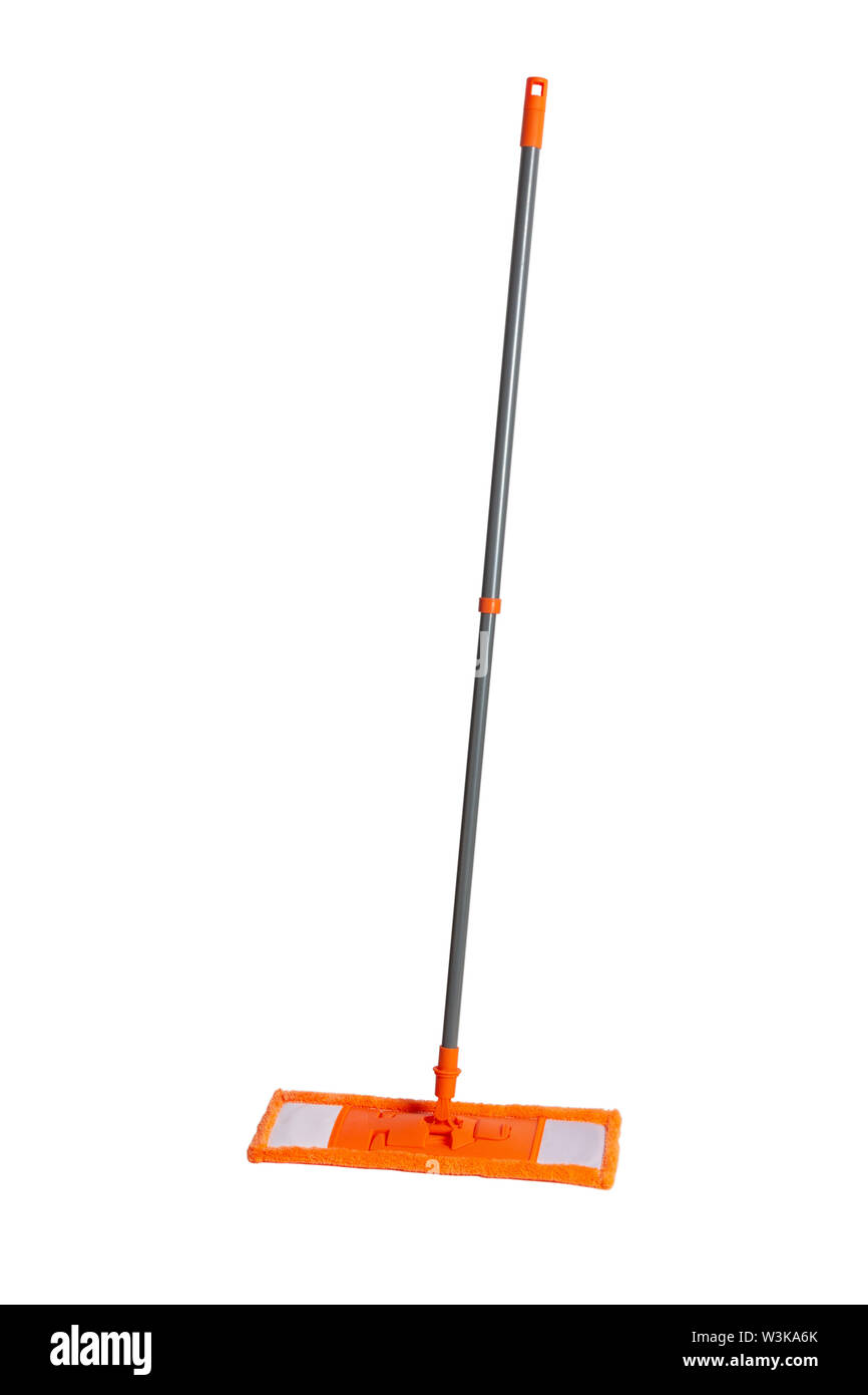 Mop with orange microfiber rag and grey plastic tubular handle isolated ...