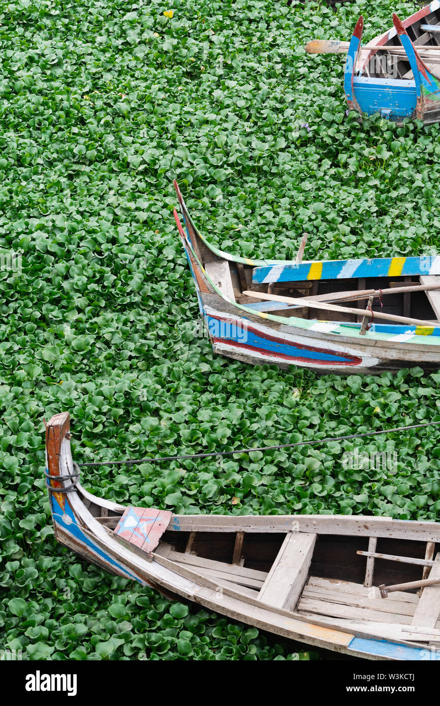 Traditional Burmese colourful wooden boats in Mandalay, Myanmar Stock ...