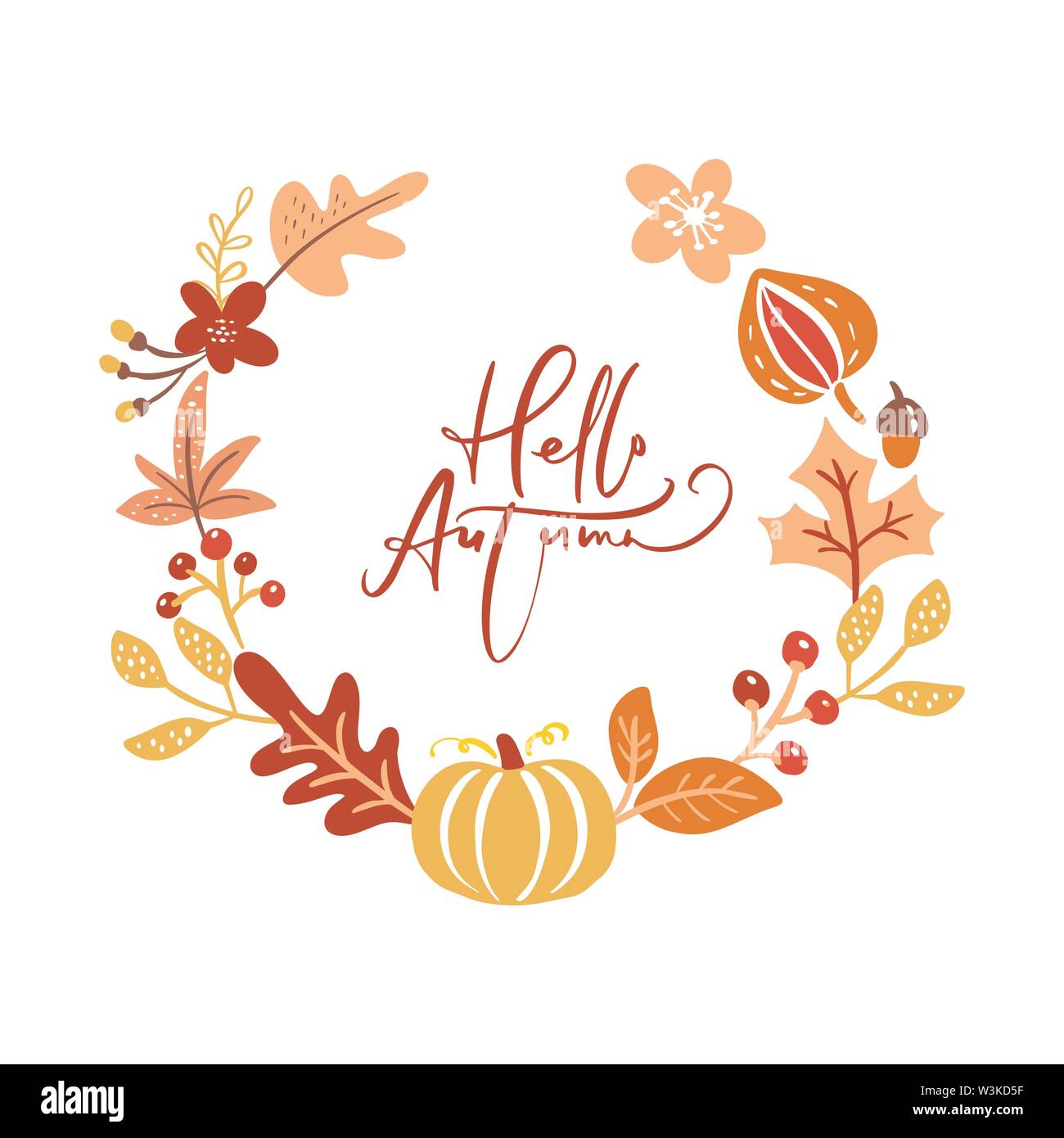 Calligraphy lettering text Hello Autumn. Round background frame wreath ...