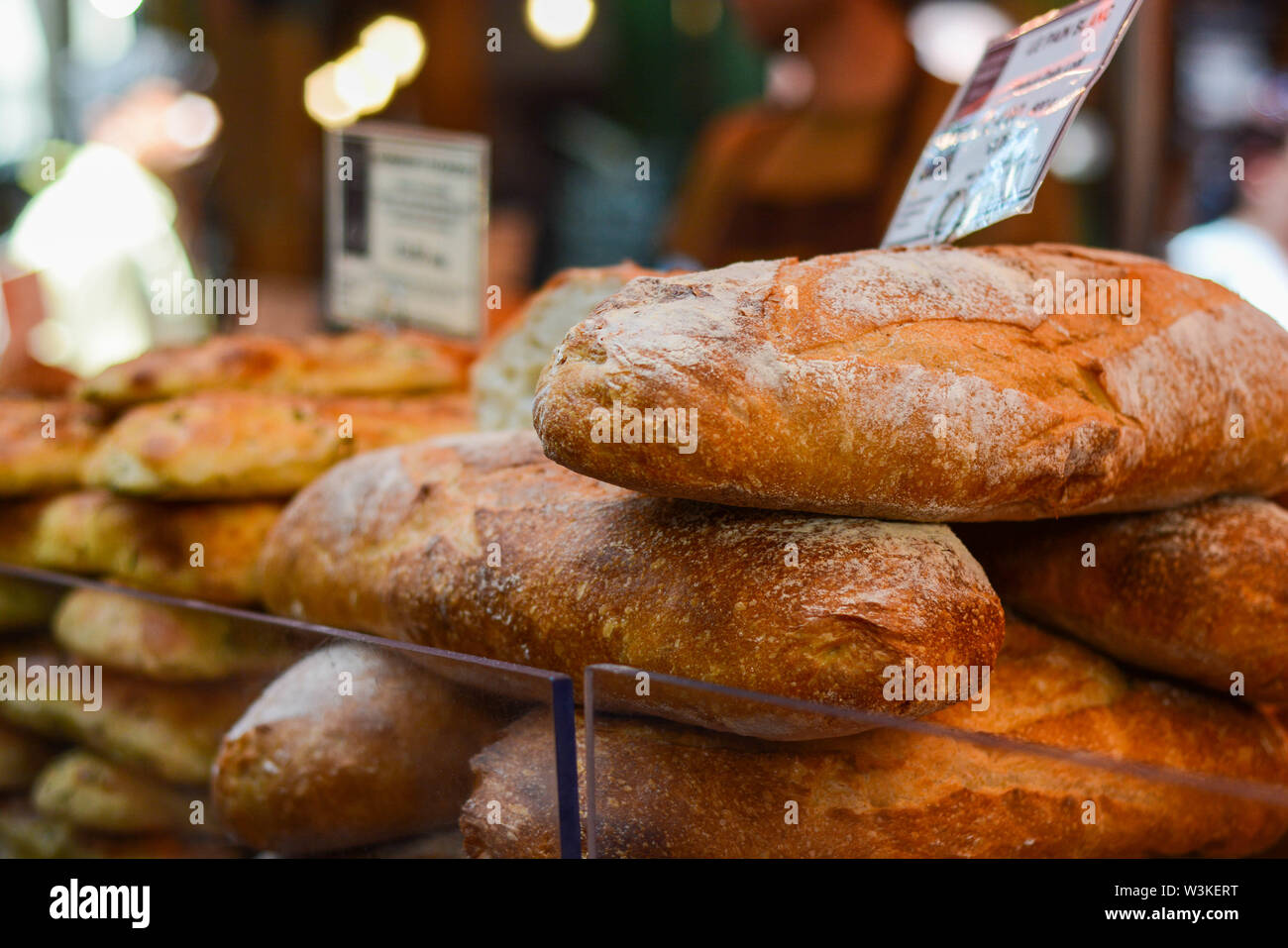 Variety of pastry. Cinnamon rolls on display at the Borough Market ...