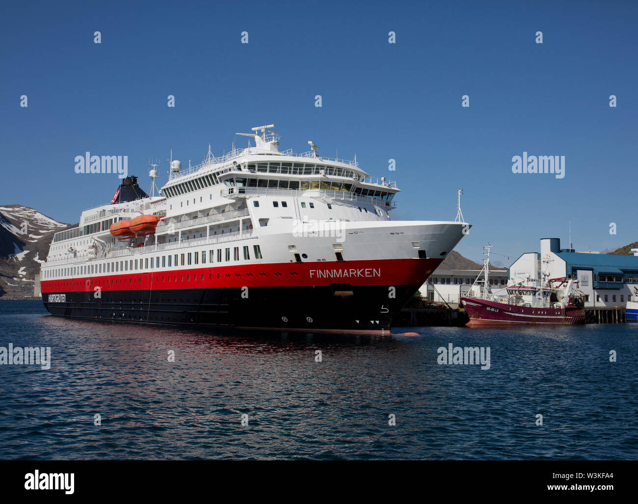 The Hurtigruten vessel the Finnmarken at Honningsvad harbour Stock ...