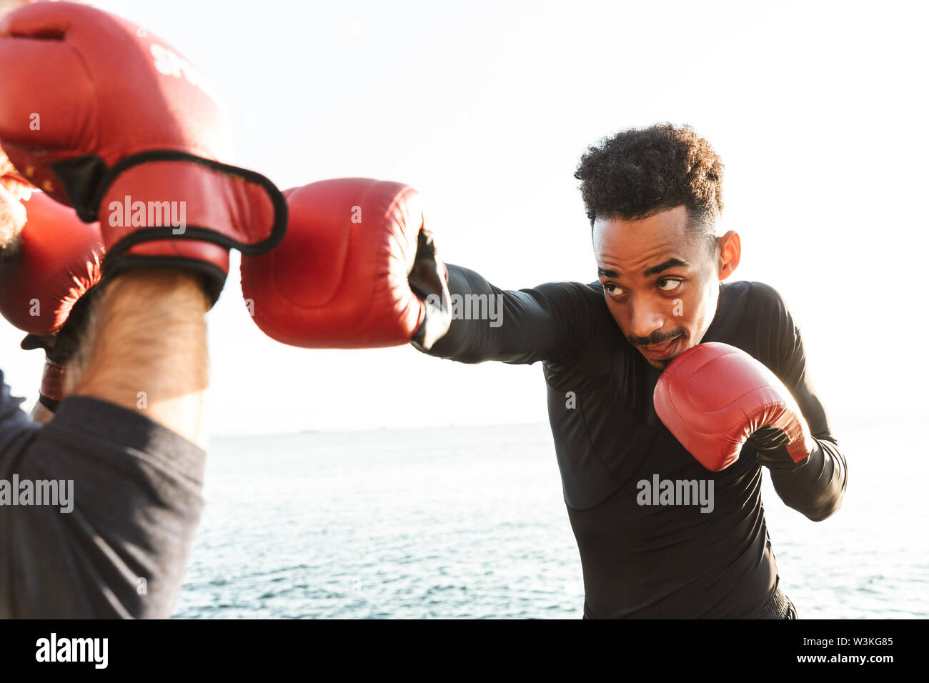 Photo of serious handsome strong two young sports men boxers friends at ...