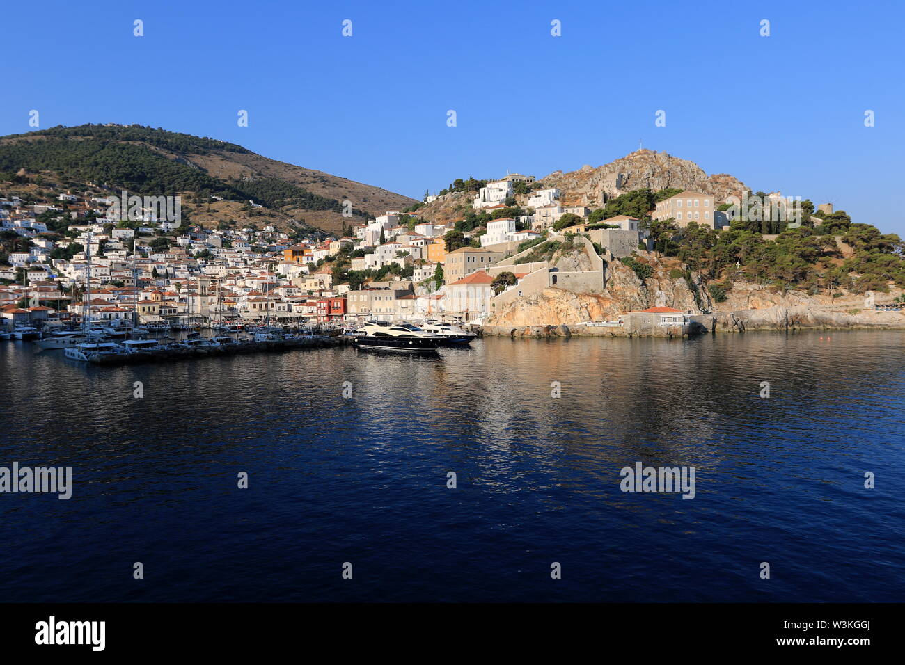 Panoramic view Hydra Harbor, Hydra Town, Hydra Island, Greece Stock ...