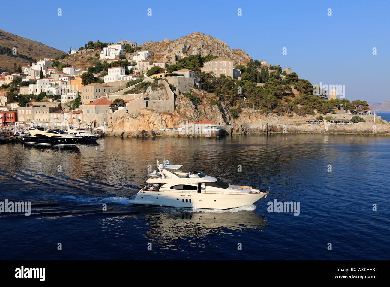 Panoramic view Hydra Harbor, Hydra Town, Hydra Island, Greece Stock ...
