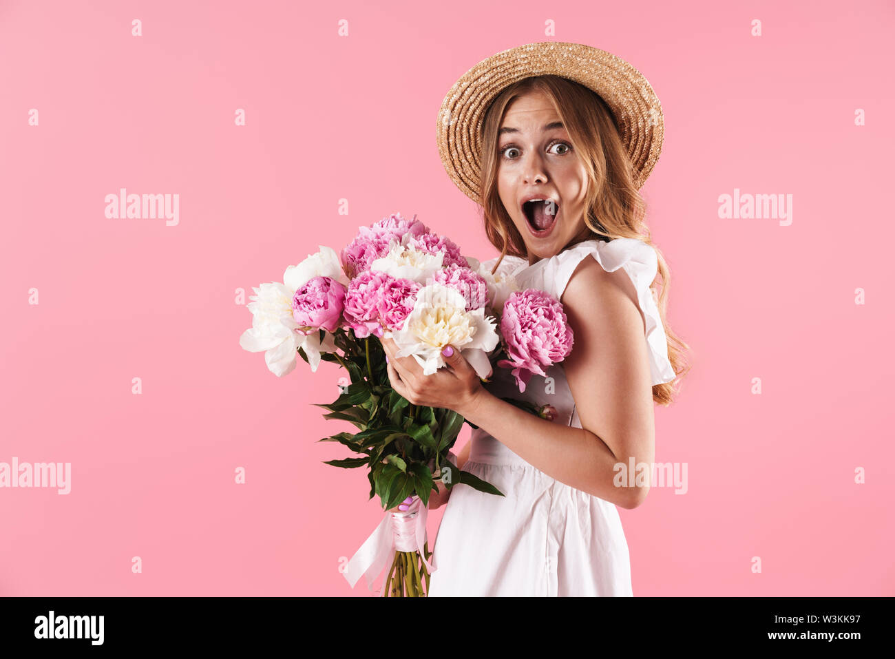 Beautiful Cheerful Young Blonde Girl Wearing Summer Dress Standing