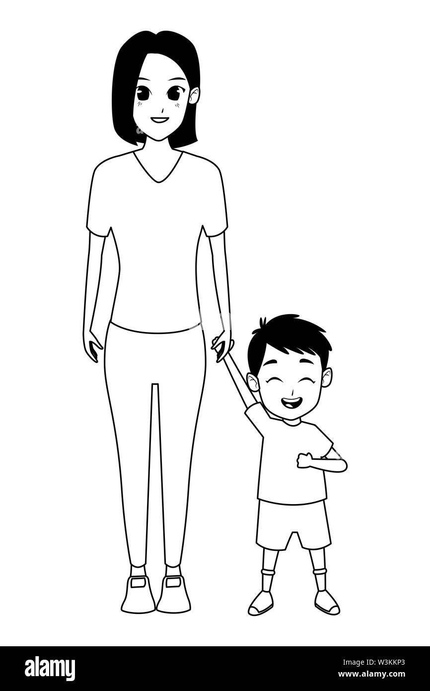 Family single mother with children cartoon in black and white Stock ...