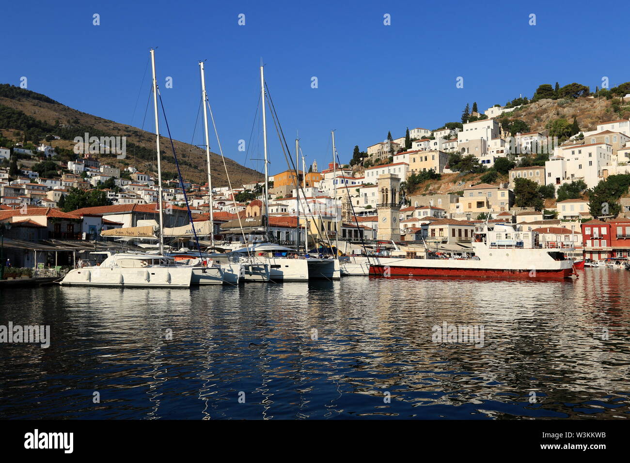 Panoramic view Hydra Harbor, Hydra Town, Hydra Island, Greece Stock ...