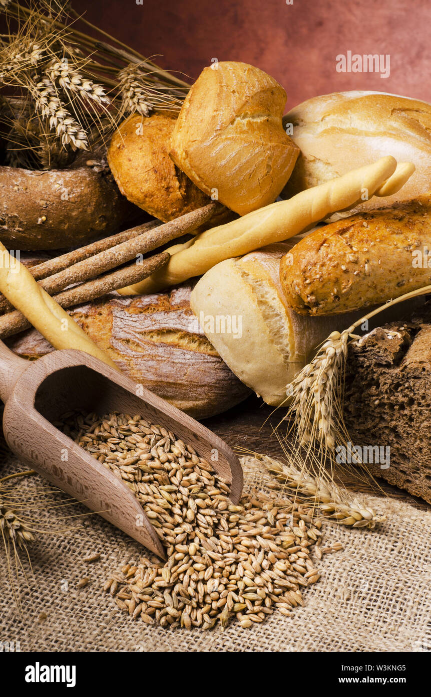still life, a wide assortment of bread of different types and shapes on ...