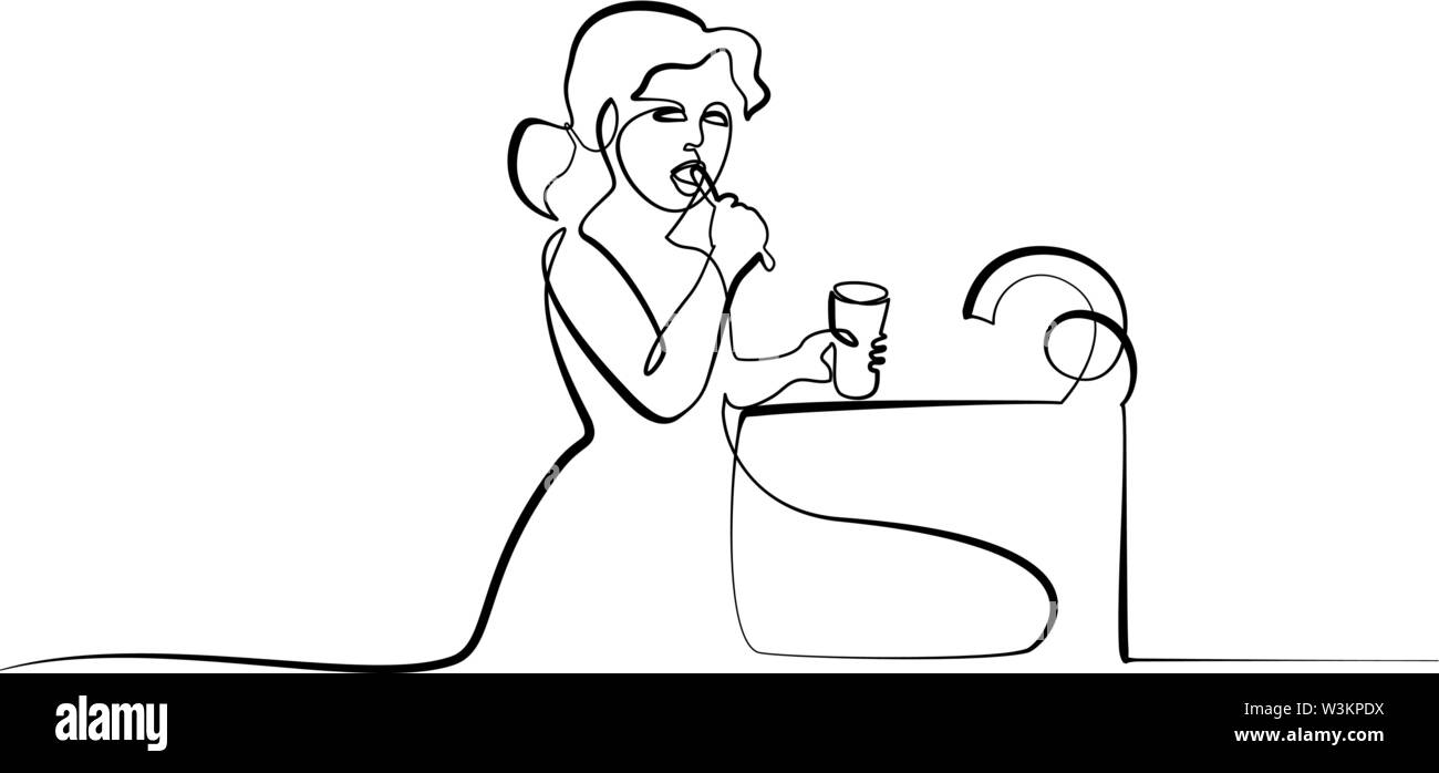 Continuous one art line drawing sketch. Little girl brushing her teeth ...